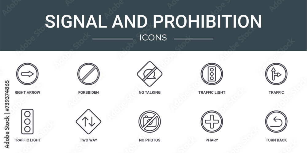 set of 10 outline web signal and prohibition icons such as right arrow ...