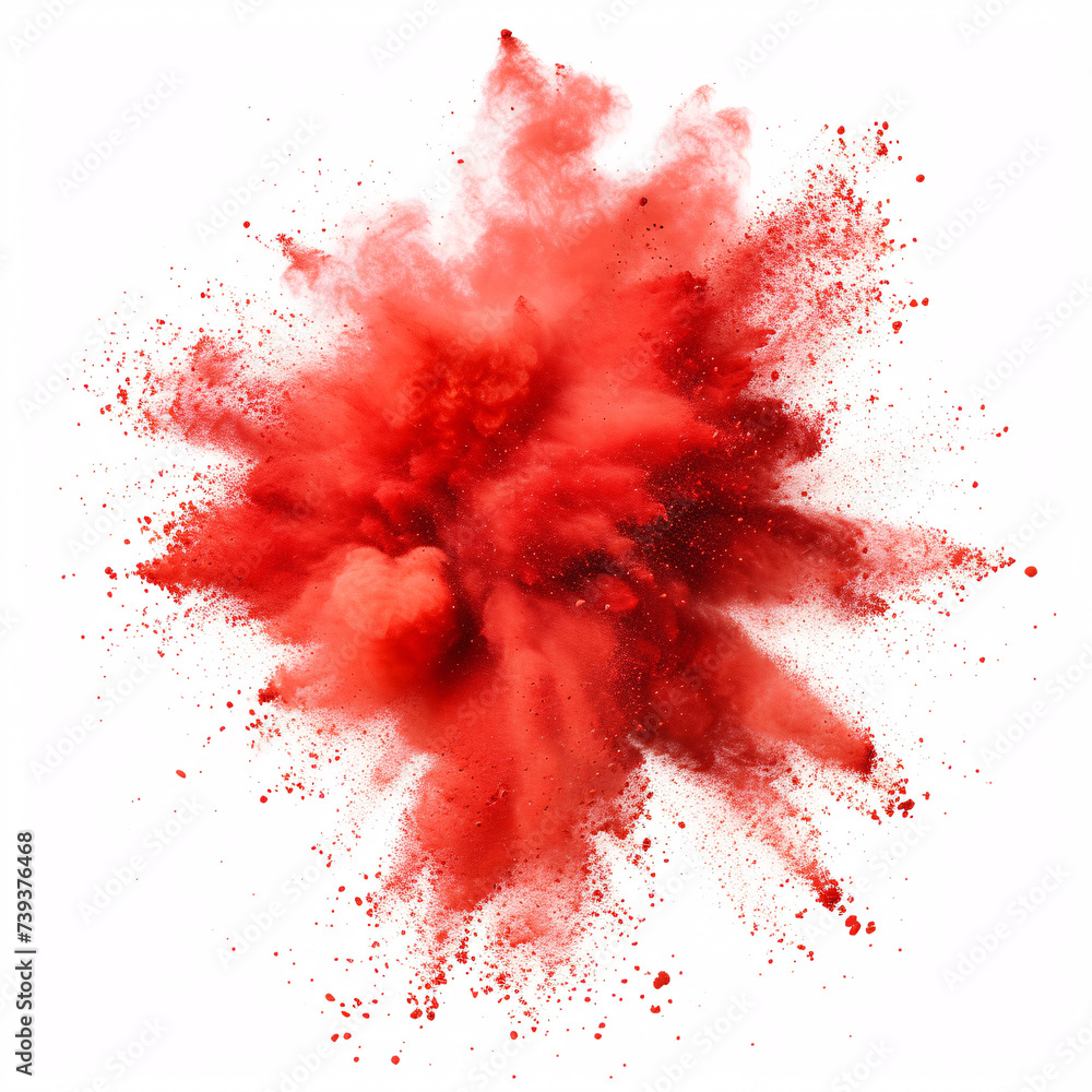 Explosion of red colored powder. Close up dust isolated on white ...