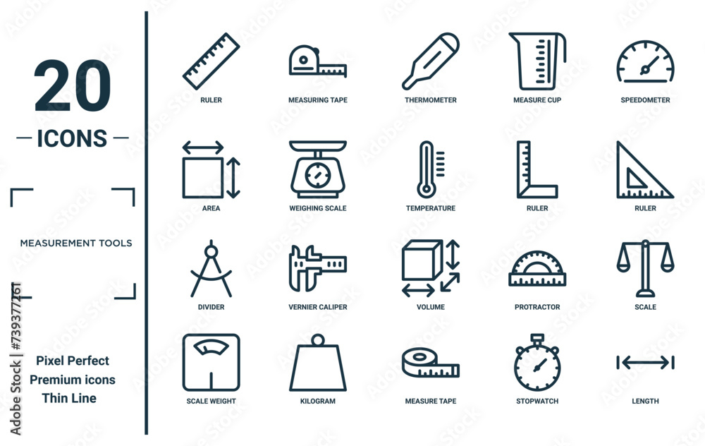 Vetor de measurement tools linear icon set. includes thin line ruler ...