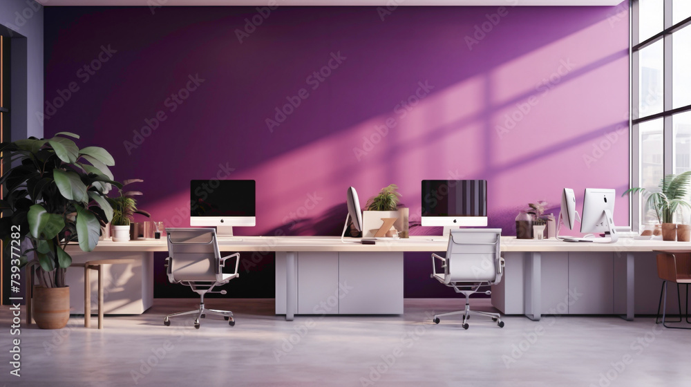 A modern office with a neutral color palette, a vibrant purple accent ...