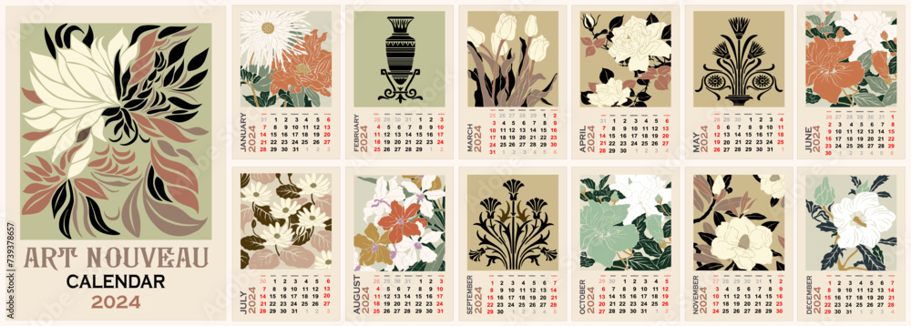 Floral calendar template for 2024. Vertical design with Flowers in Art ...