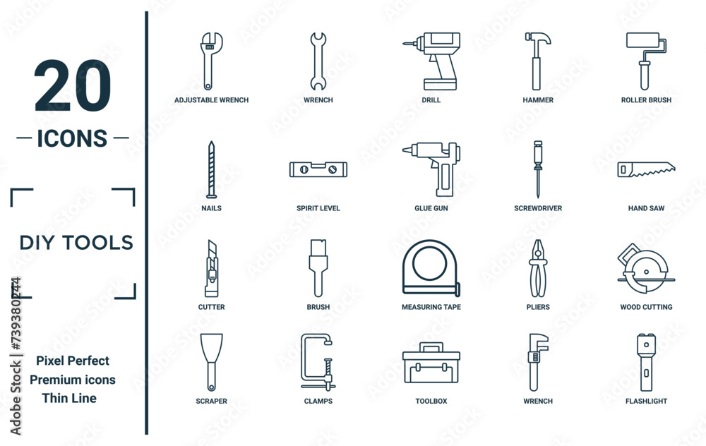 diy tools linear icon set. includes thin line adjustable wrench, nails ...