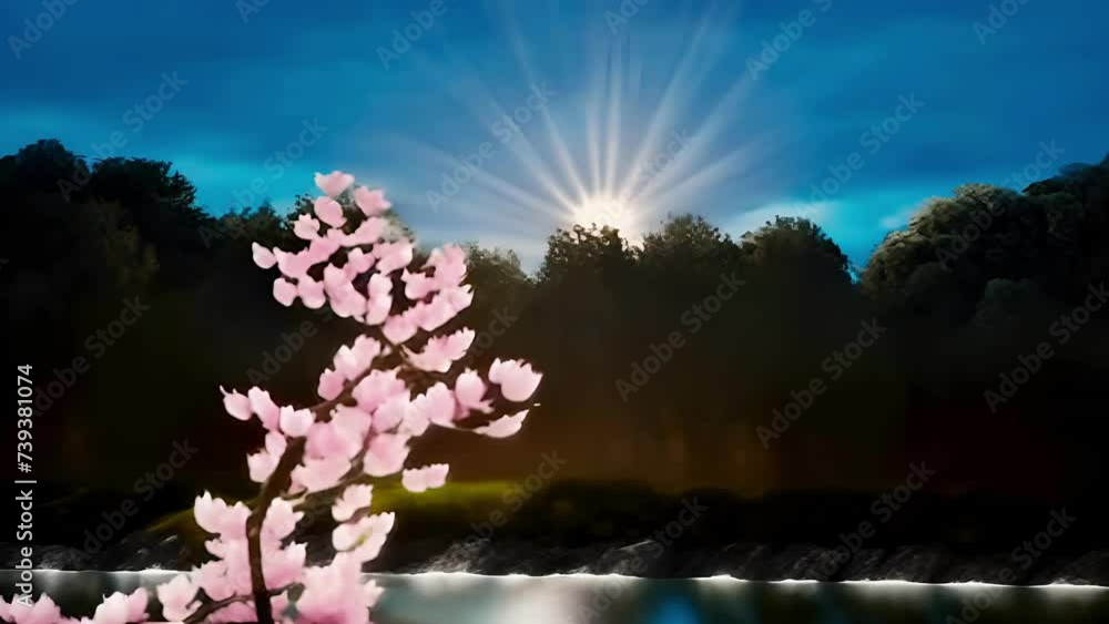 Sakura. A cherry tree branch in full bloom in the foreground ...