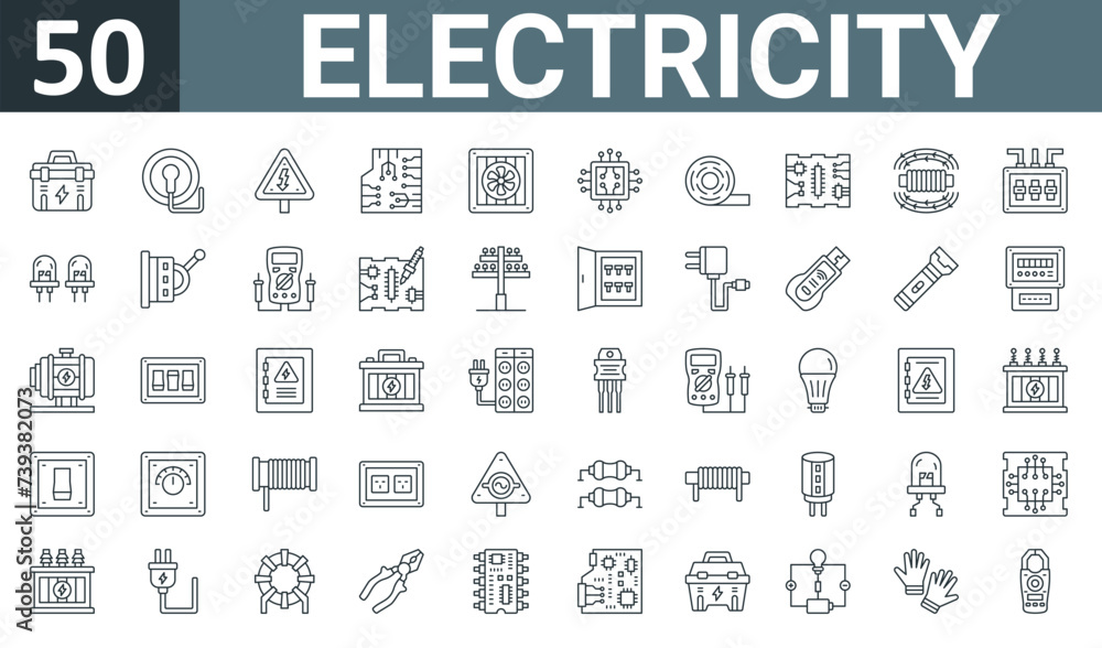 set of 50 outline web electricity icons such as tool box, electrode ...
