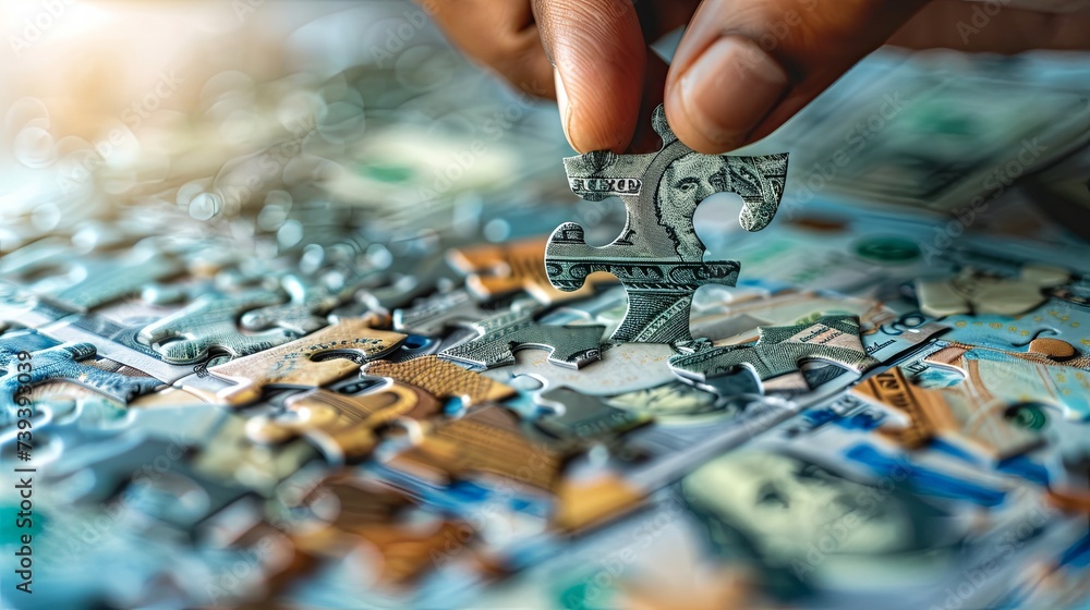 A close-up view of a hand fitting a puzzle piece with a dollar sign ...