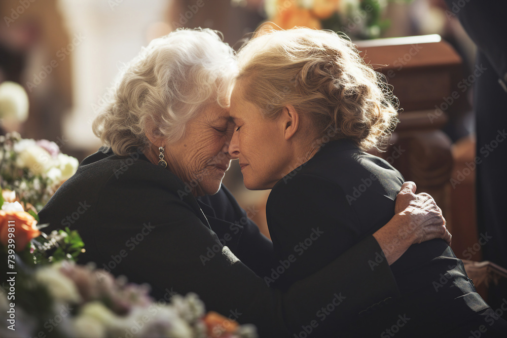 Death and funeral concept family mourning two people in cemetery ...