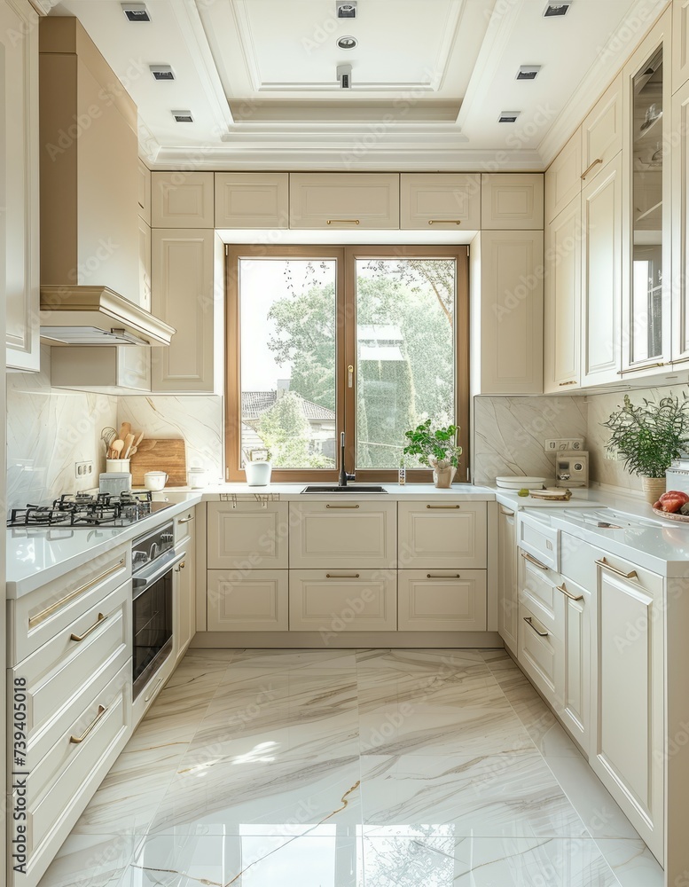 Modern, elegant kitchen with beige cabinets, marble countertops, and ...