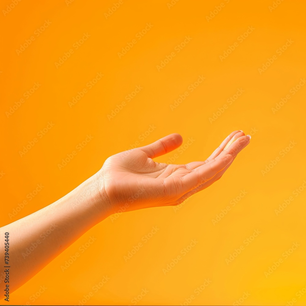 open hand gesture on a saturated orange background, indicating welcome ...