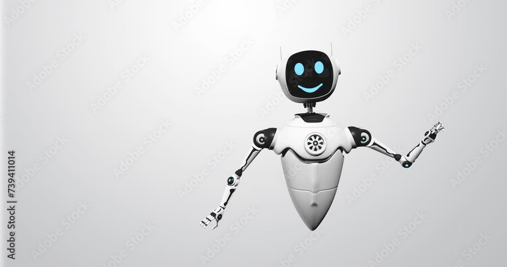 3d animation flying robot with smiley face waving its arm while ...