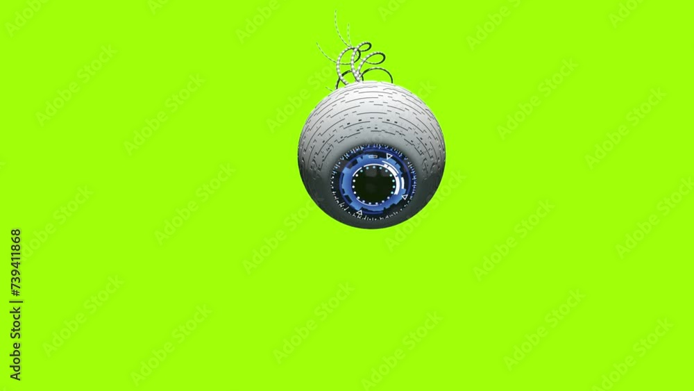 3d animation white spherical robot eye with optic nerves and blue iris ...