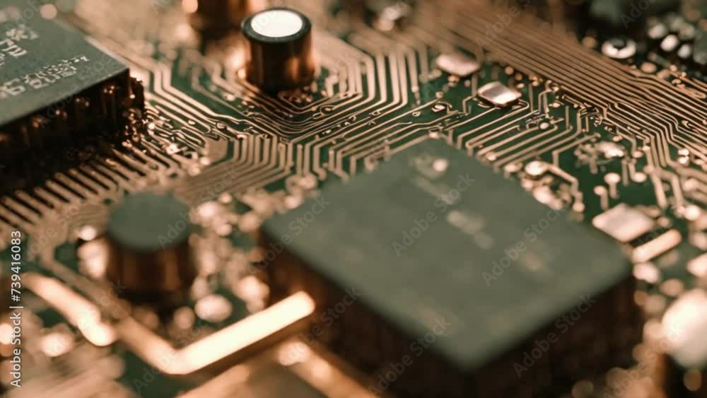 An up-close, lifelike video showcasing a classic printed circuit board ...