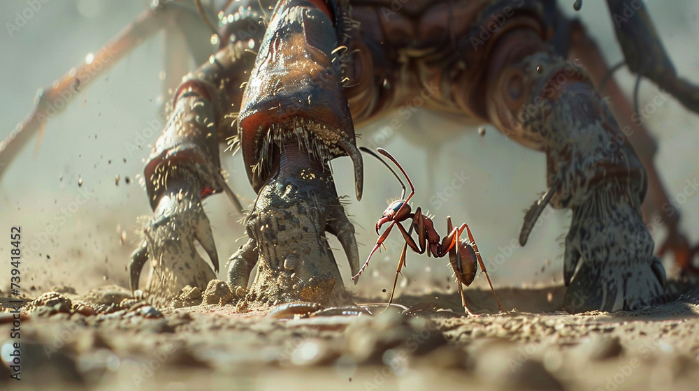 An ant wielding a tiny weapon stands victorious under a towering human ...