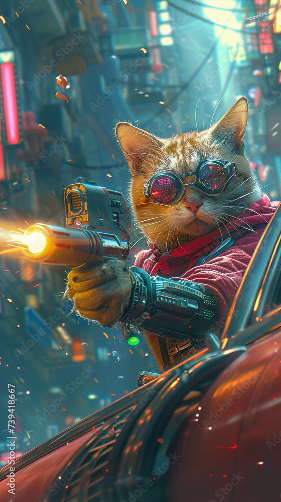 Cybernetic cat firing a high tech bazooka from a speeding convertible ...