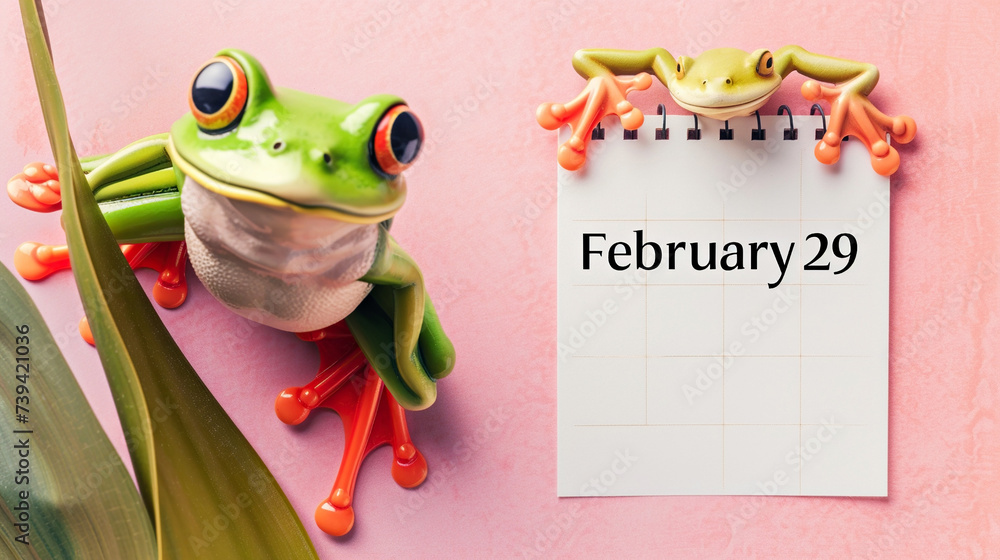 A cheerful funny Frog - a symbol of the day in a leap year, sits near a ...