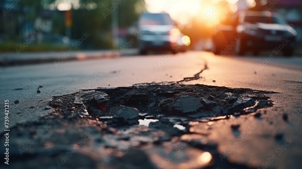 car wheels running and closed up Very bad quality street with potholes ...