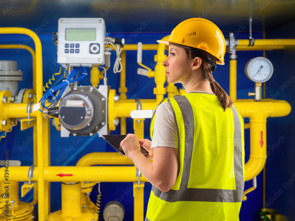 Woman near gas equipment. Yellow pipes behind engineer girl. Gas ...