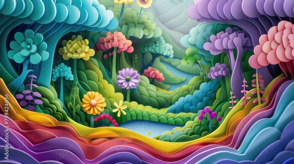 3D papercuts of surrealist cartoons depicting vibrant spring landscapes ...
