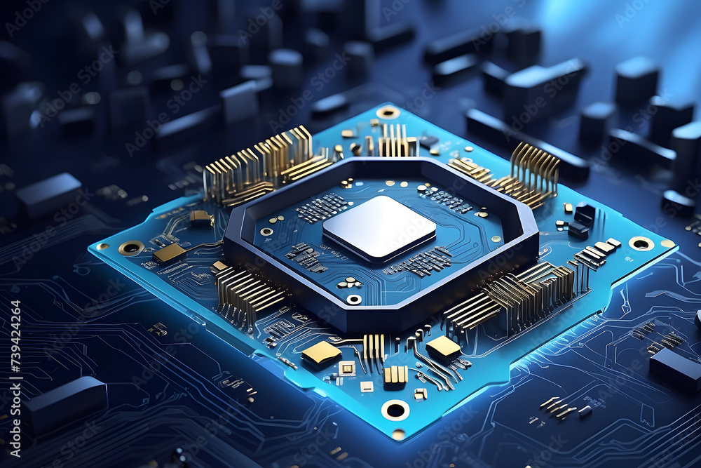 Concept Illustration of an AI Processor Chipset with a Blue Circuit ...