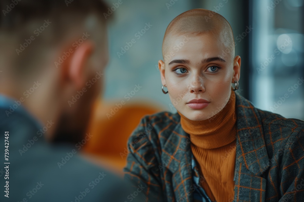 Photography of head hunter talking to young bald woman trying to find ...