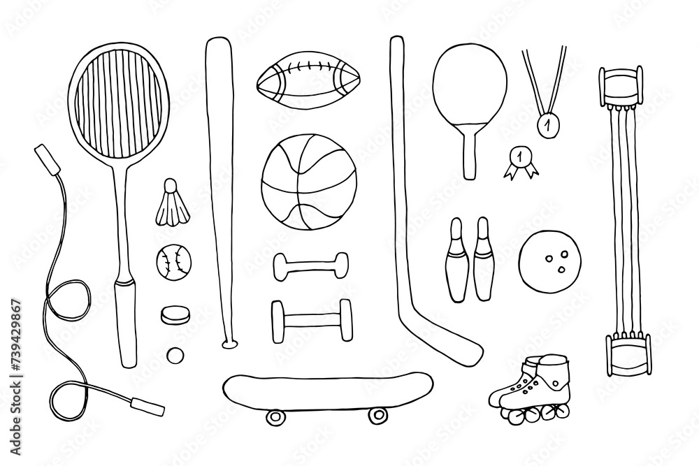 Sport Equipment vector doodle set. Balls, rackets, stick, rollers and ...