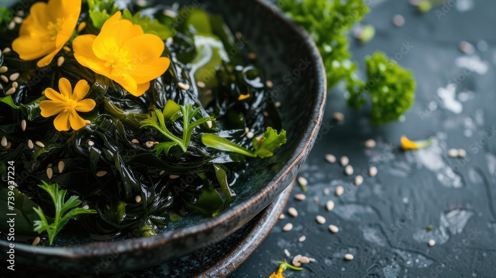 Food with sea veggies. Concept of healthy plant-based edible seaweed ...