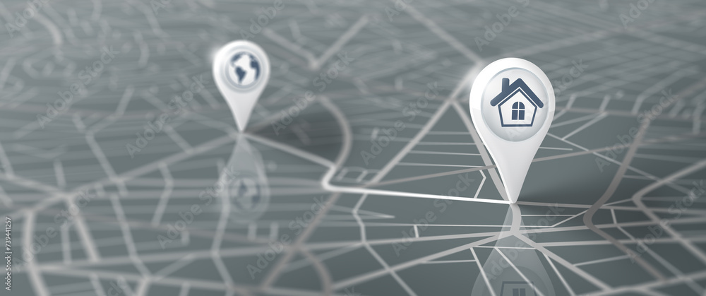 GPS Navigation Street Map with Pin icon on routes. Map and pin marker ...