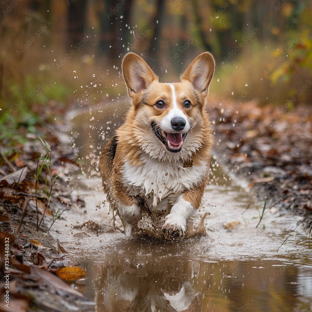 Splash of Joy: A Pembroke Welsh Corgi Running Through a Puddle, Wearing ...