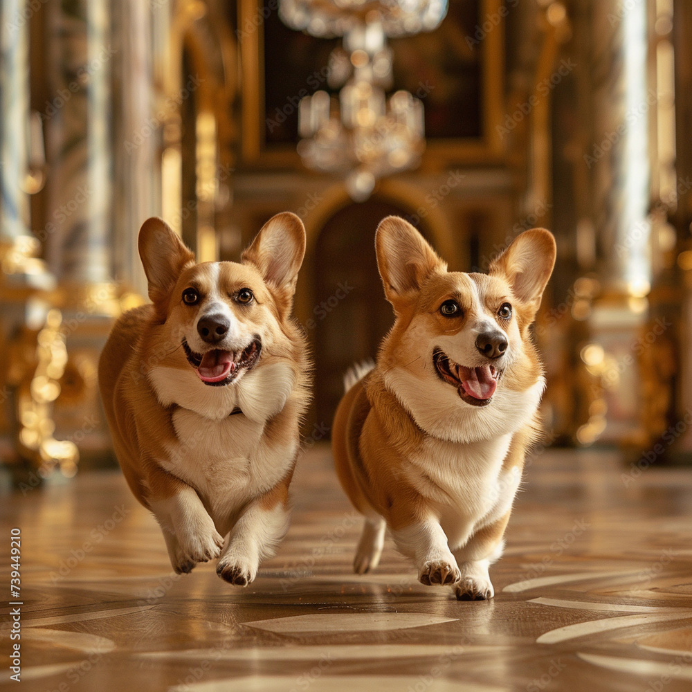 Regal Run: A Pair of Pembroke Welsh Corgis Dash Playfully Inside a ...