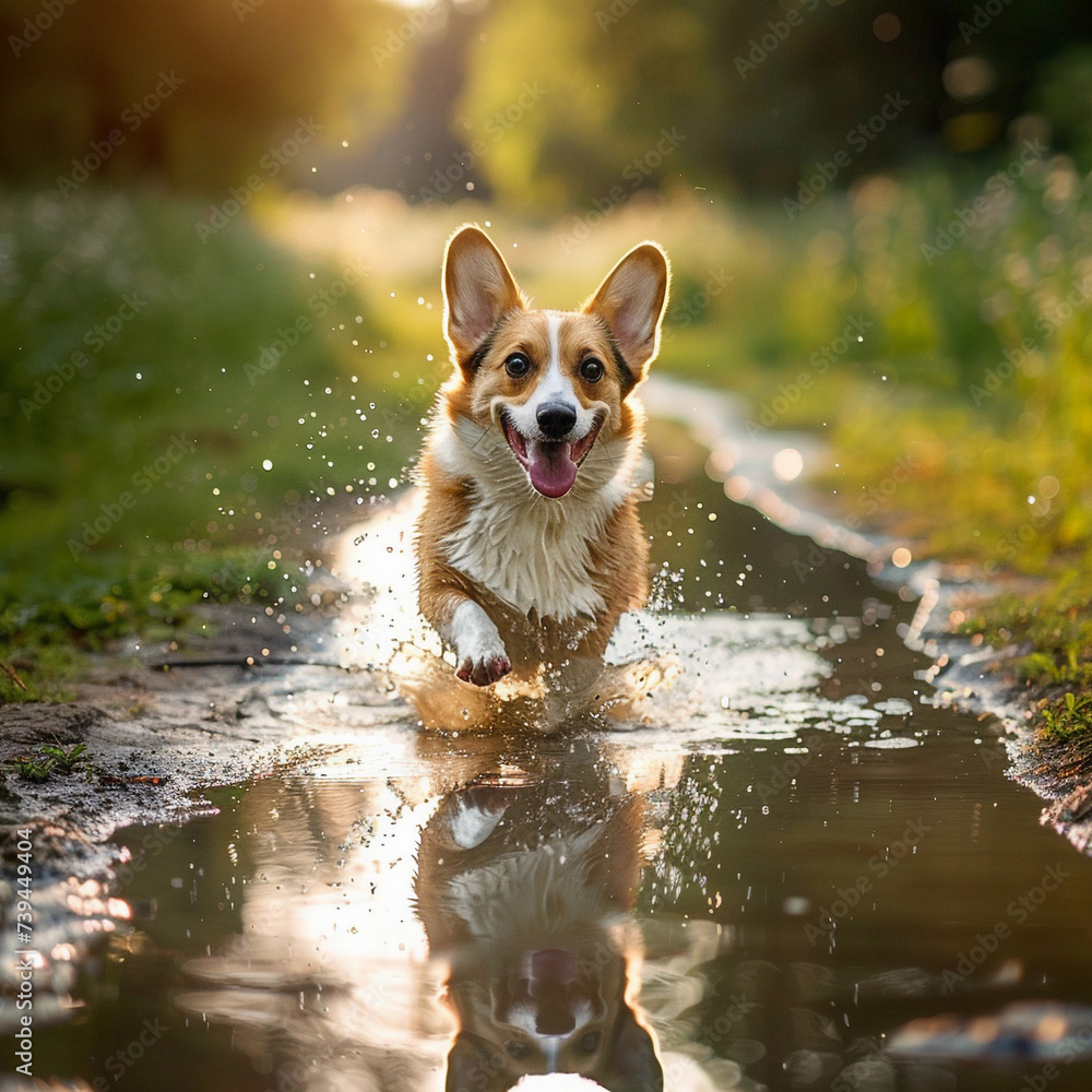 Splash of Joy: A Pembroke Welsh Corgi Running Through a Puddle, Wearing ...