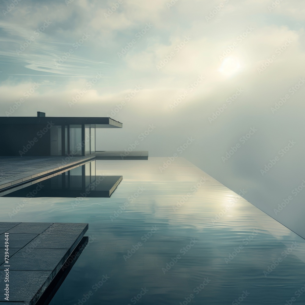 Serene morning at a modern luxury house with infinity pool and foggy ...