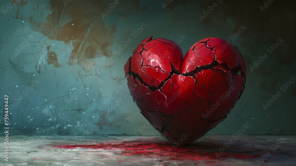Shattered red heart on a dark background representing heartbreak and emotional pain. Conceptual ...