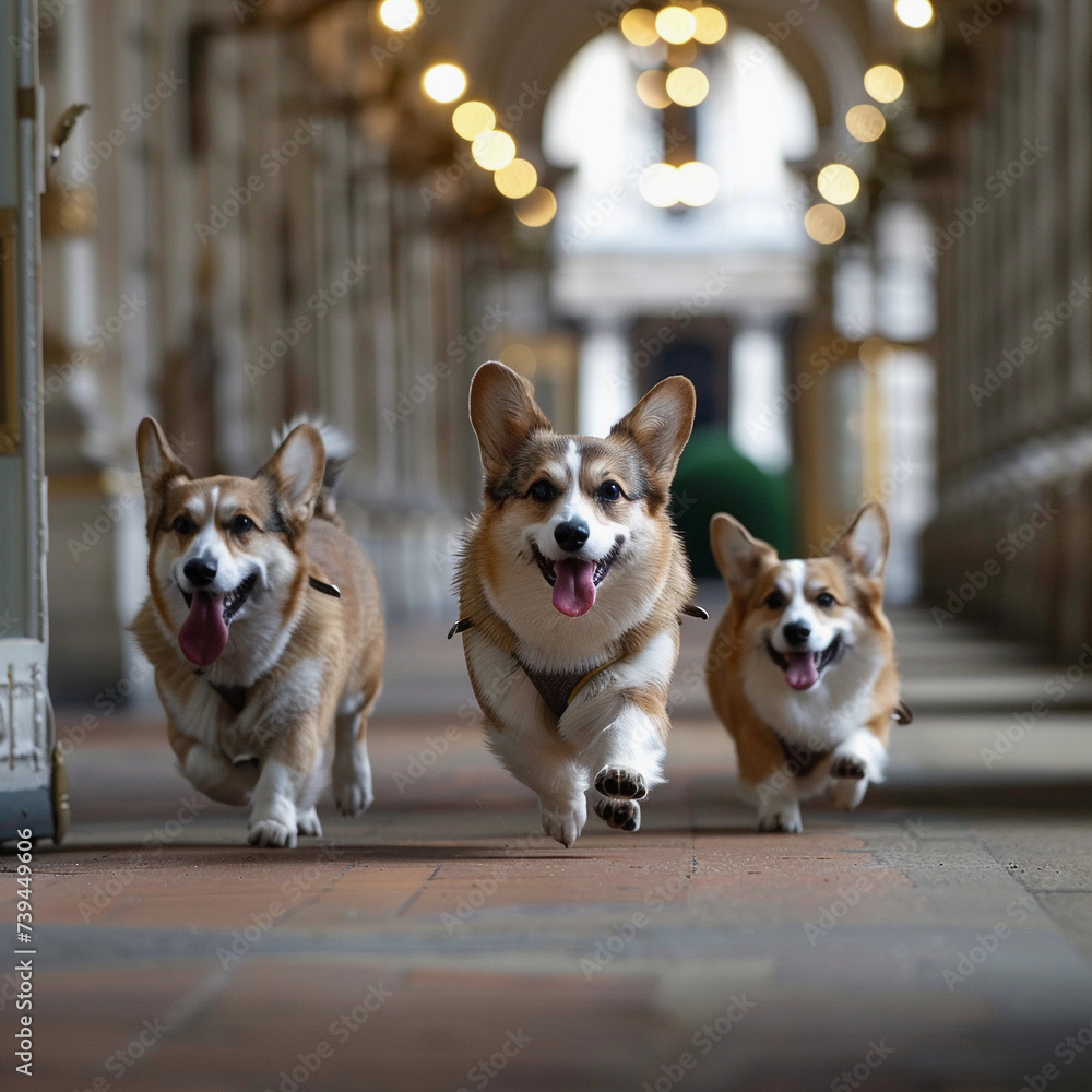 Corgi Palace Play: A Trio of Pembroke Welsh Corgis Joyfully Running ...