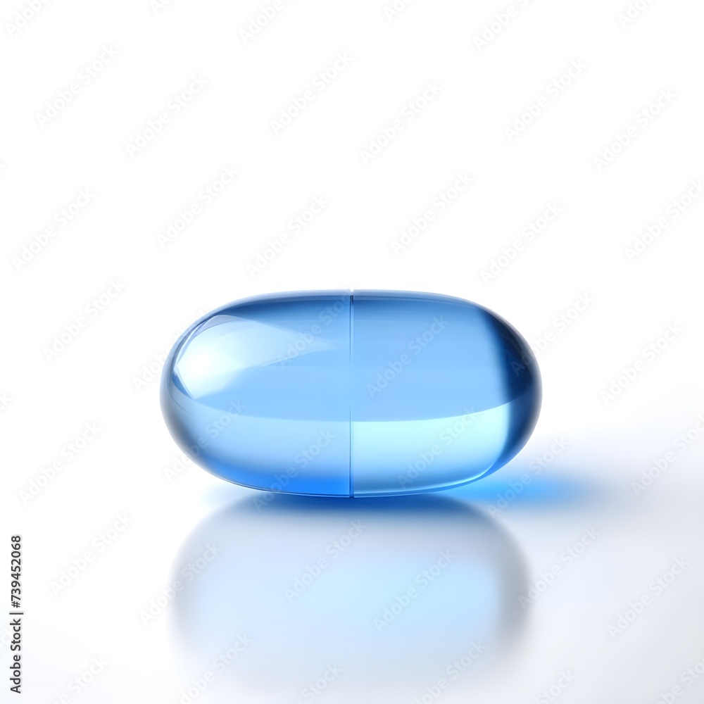 The image shows a close-up of a single blue pill on a bright white ...