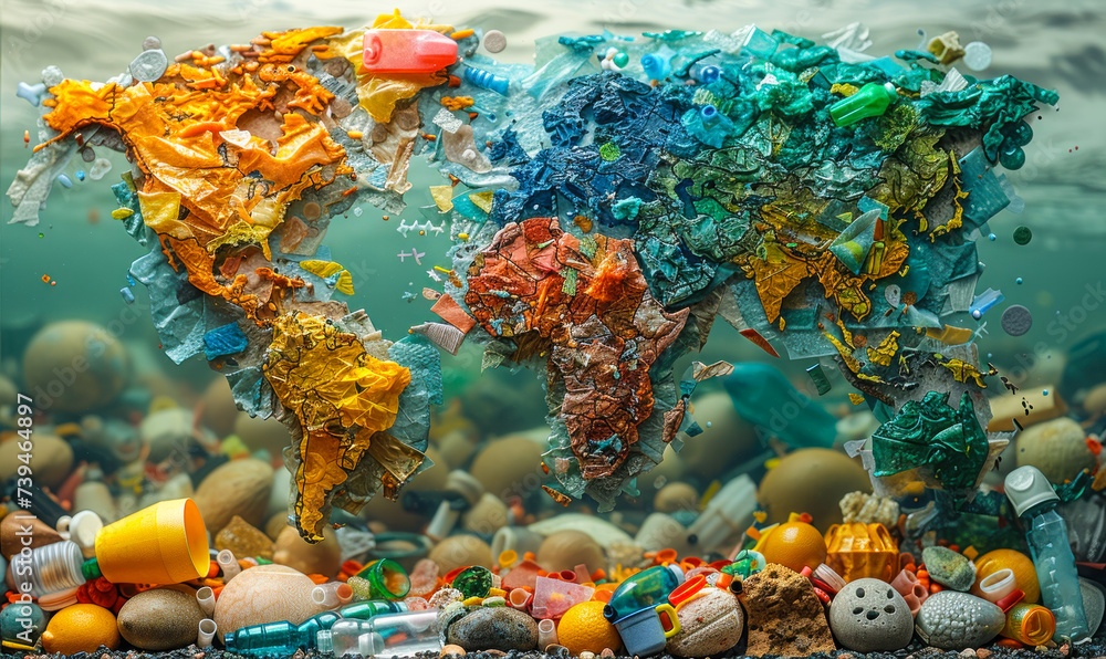 Global environmental issue of microplastic pollution depicted by colorful plastic debris forming ...