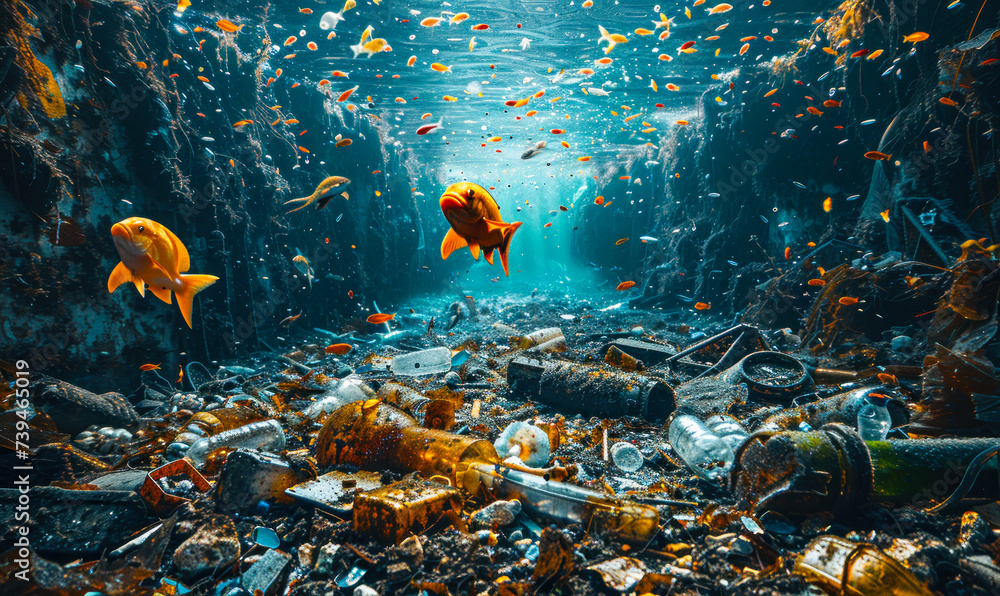 Underwater view of ocean pollution with plastic waste and discarded trash affecting marine life ...