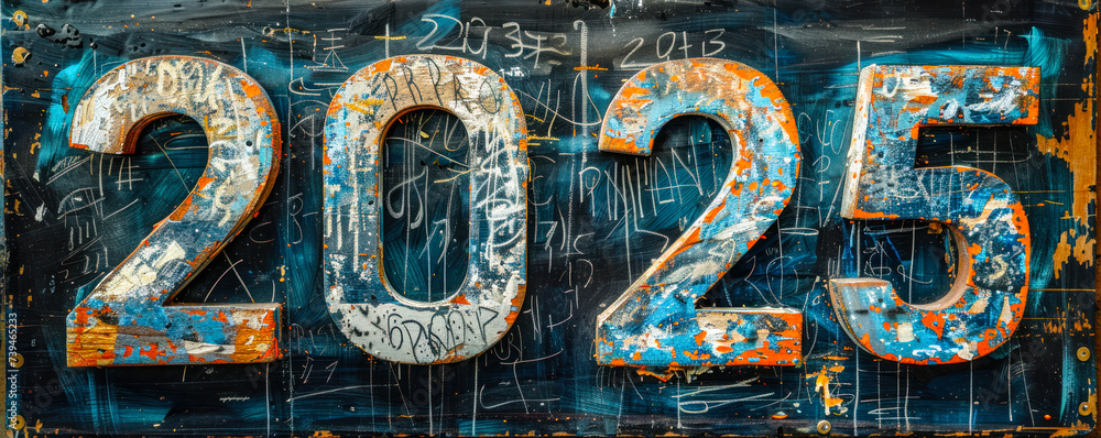 The year 2025 written in bold white chalk on a classic blackboard ...
