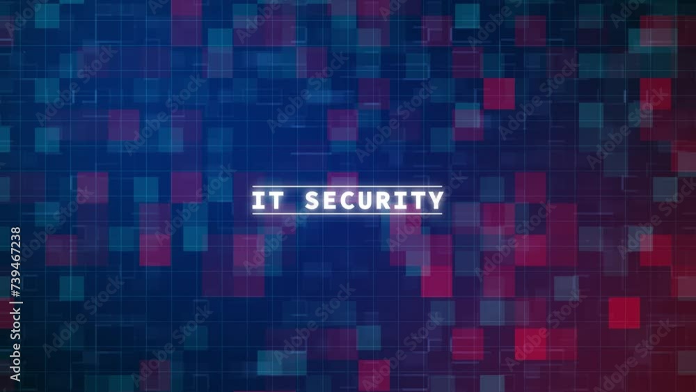Abstract IT and cybersecurity background animation with IT SECURITY caption, squares, indicated ...