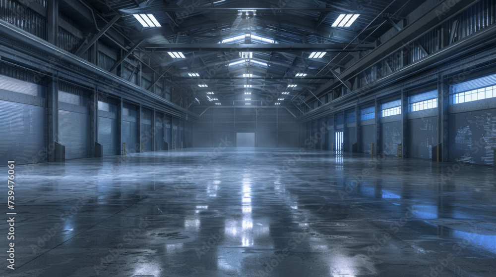 An expansive and modern industrial warehouse interior is illuminated in ...