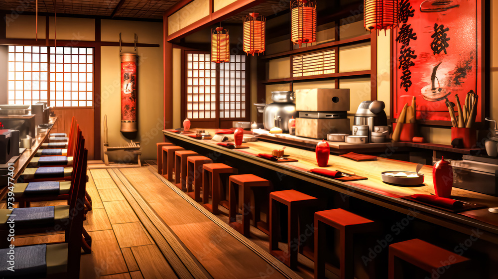 An elegant Asian restaurant featuring a sleek bar counter, exuding ...