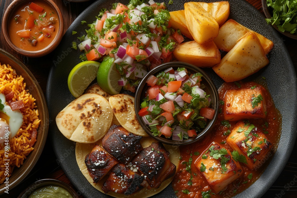 Authentic Mexican cuisine elegantly presented, featuring grilled meats ...
