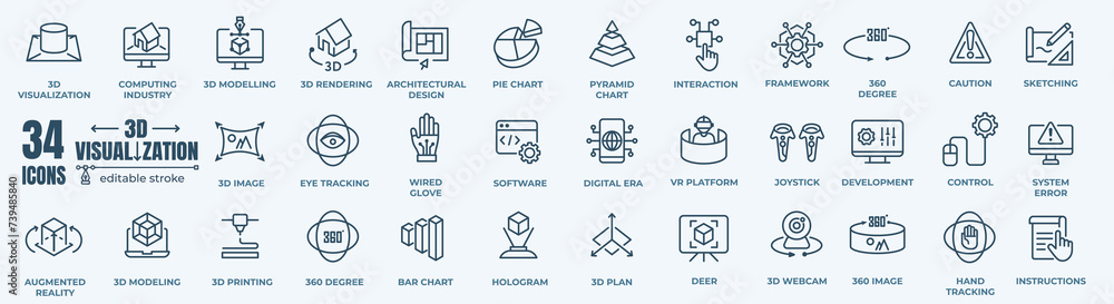 3D printing outline and 3D visualization icon set with additive ...