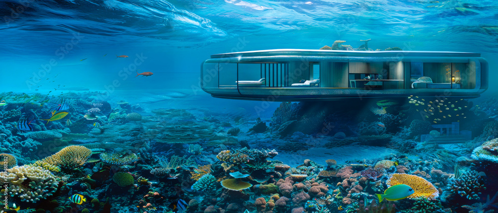 A state-of-the-art underwater house with clear walls offers a serene ...