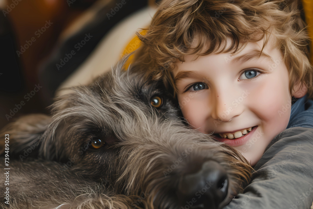 A young boy finds solace and joy as he tenderly cuddles with his Irish ...