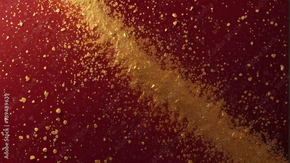 Golden glitters tinged a red liquid. A red backdrop with a sprinkling ...