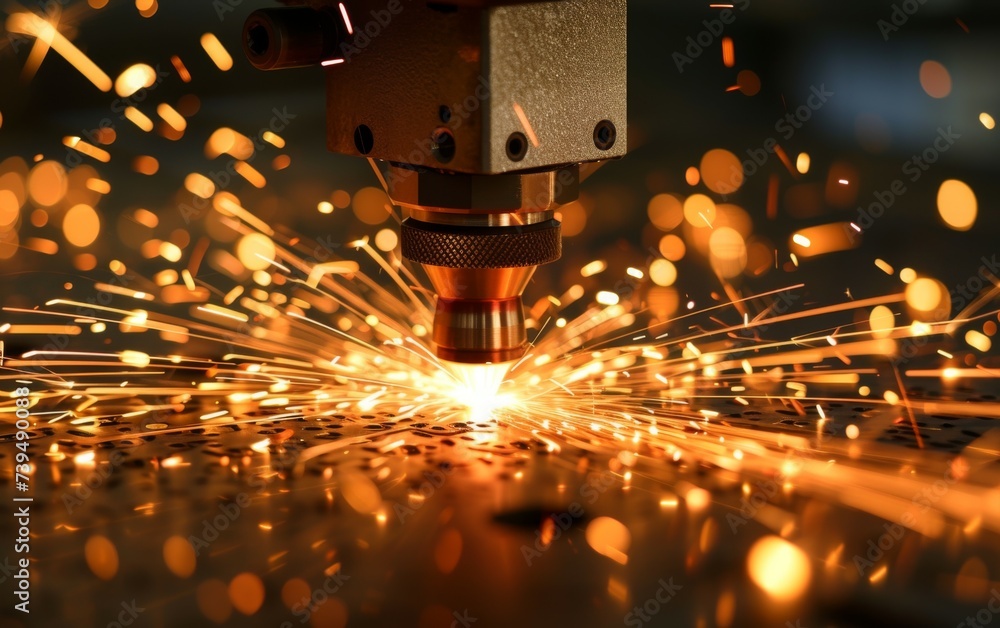 The photograph captures a machine in action, with sparks flying out of ...