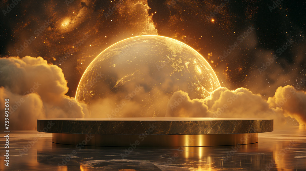 empty gold podium on outer space and hugh golden planet galaxy ...
