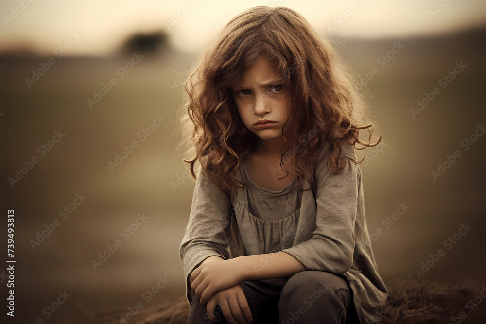 A sad child sits alone with a melancholic air, captured through the ...
