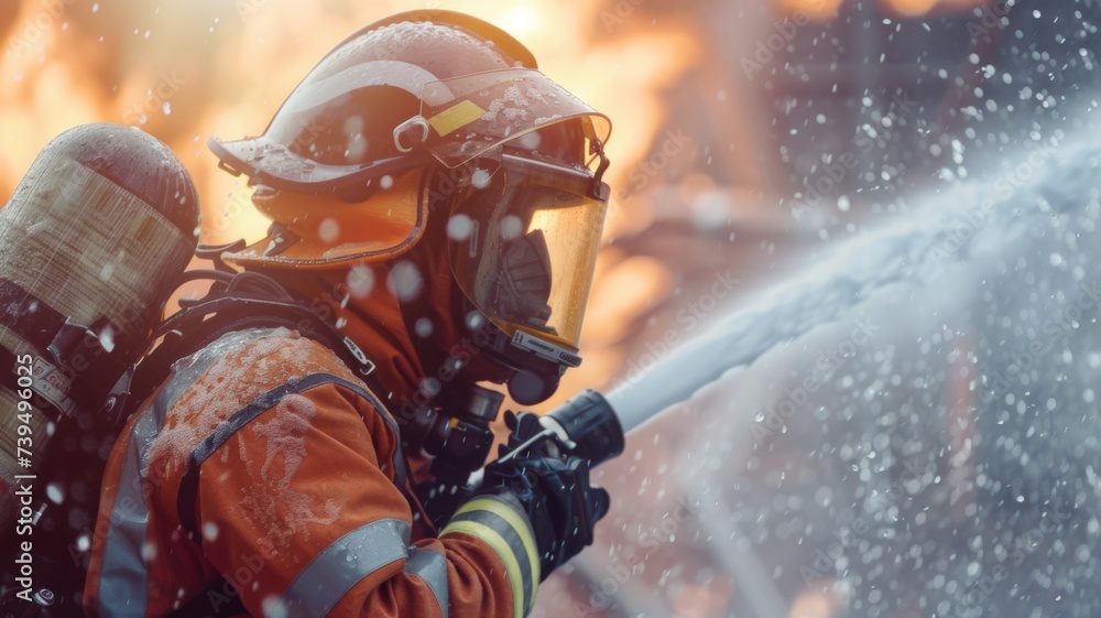 Firefighter Extinguishing Fire - Focused firefighter using a water hose ...