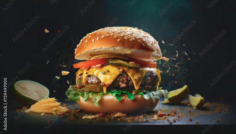 A deconstructed cheeseburger is artfully arranged on a rustic wooden ...