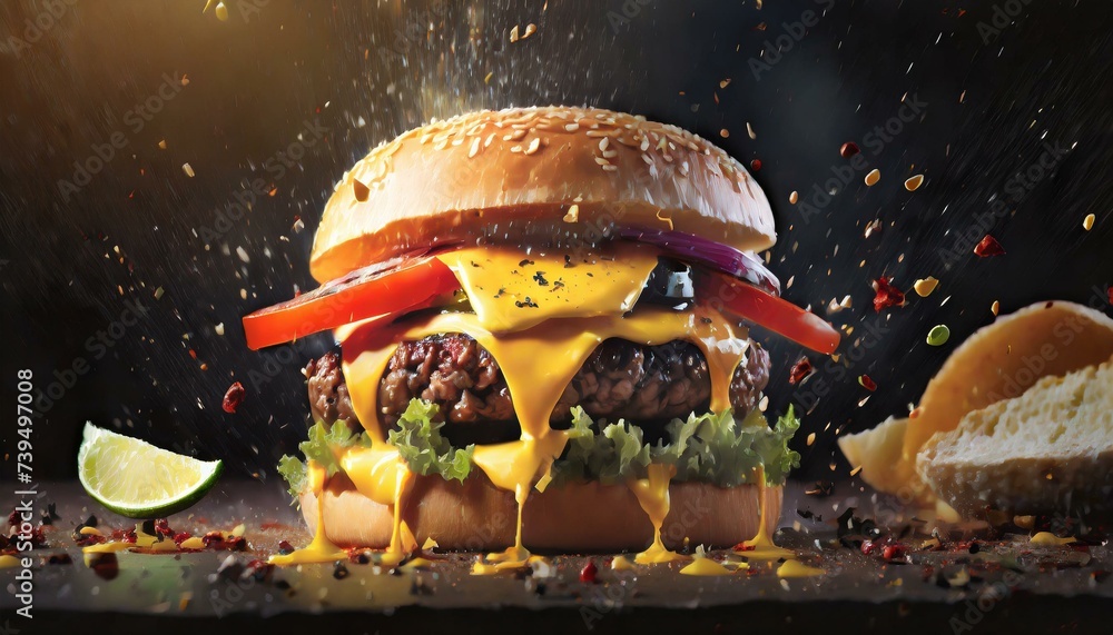 A deconstructed cheeseburger is artfully arranged on a rustic wooden ...